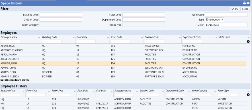 Space and Occupancy History report