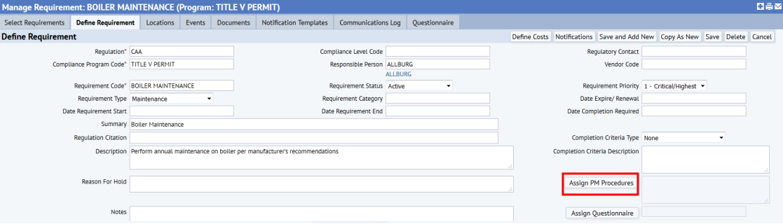 Assigning Preventive Maintenance Procedures to Requirements